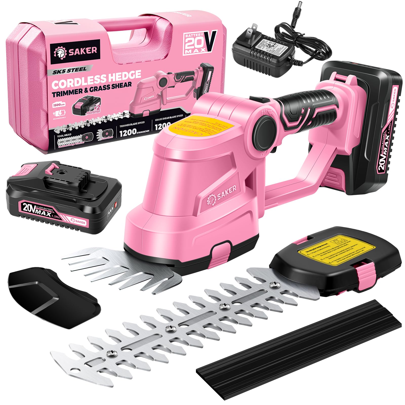 Saker Cordless Hedge Trimmer-20V Electric Shrub Trimmer Grass Shears Handheld Grass Cutter, Hedge Shear with 2 PCS Rechargeable Battery and Charger for Garden, Lawn(Pink)