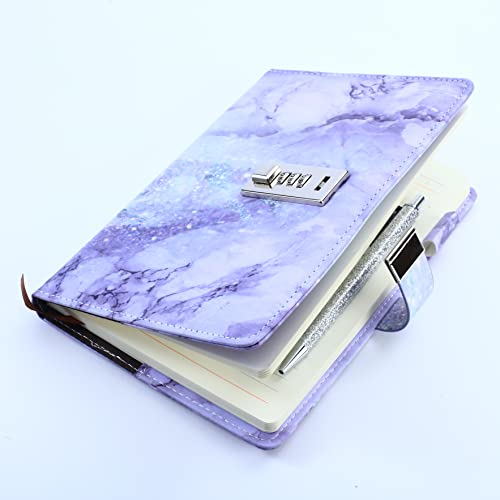 Diary with Lock for Girls and Women, Lock Diary for Teen Girls with Leather Cover and Pen holder, Size A5 Password Notebook with Combination Lock, Sparkly Silver Writing Pen included (Purple 2)