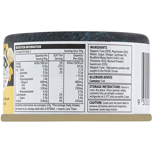 Woolworths Tuna Mayonnaise And Corn 95G - Responsibly caught tuna without use of fish aggregating devices. No artificial colours, flavours or preservatives.