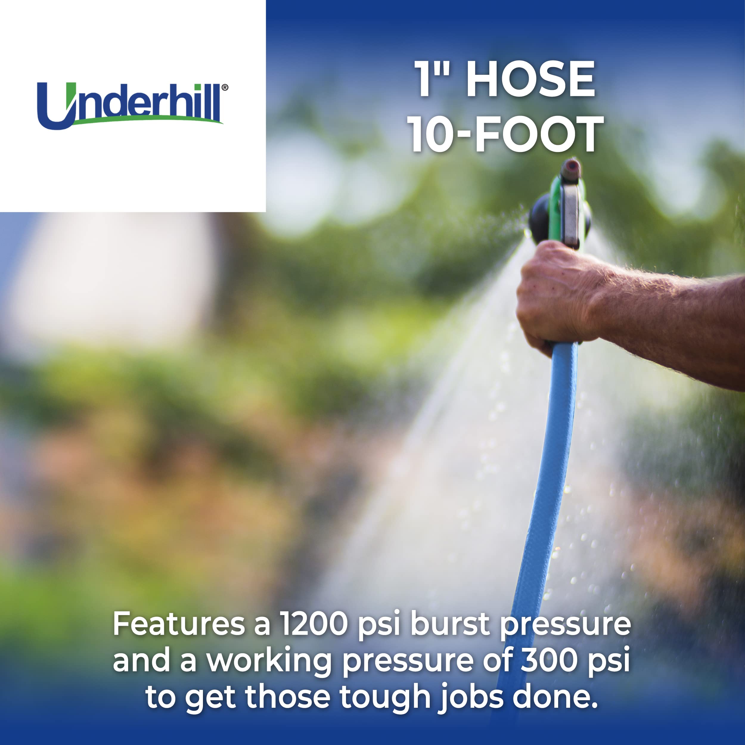 Underhill ShortyPro UltraMax Commercial Garden Water Hose, Lightweight, Heavy-Duty, Flexible, Anti-Kink, 1200 psi, H10-S10, 1 Inch x 10 ft, Blue