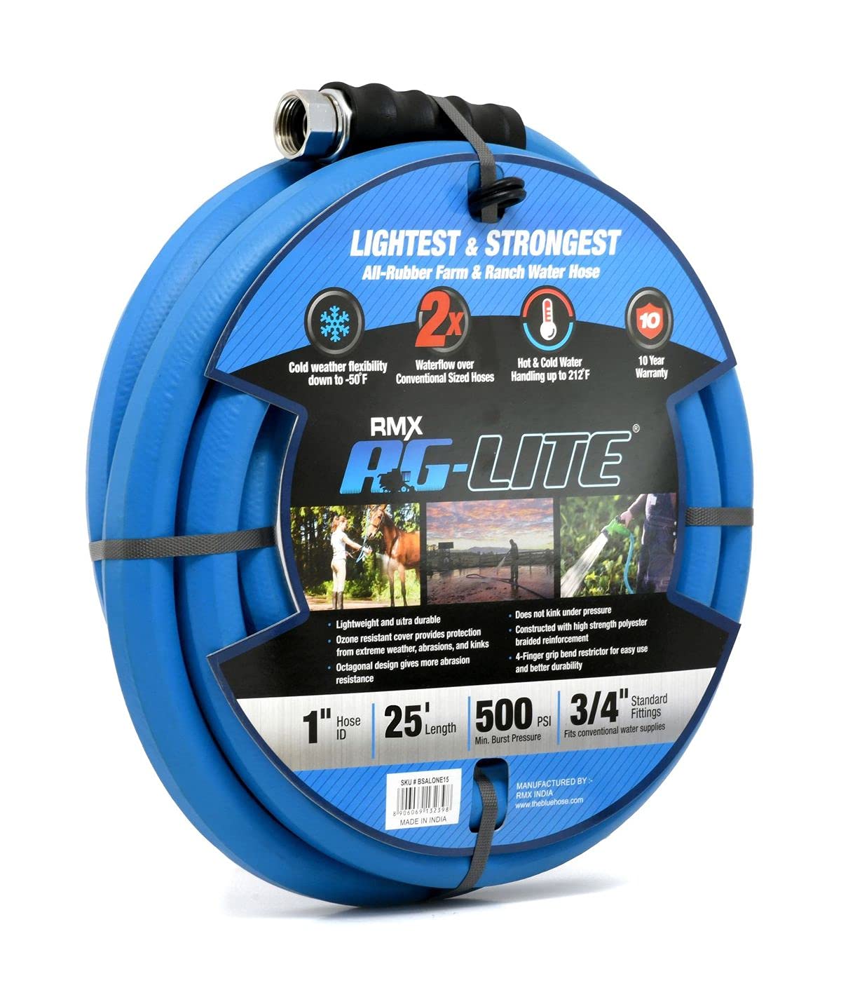 AG-LITE BSALONE25 1" x 25' Hot/Cold Water Rubber Garden Hose, 100% Rubber, Ultra-Light, Super Strong, 500 PSI, 50F to 190F Degrees, High Strength Polyester Braided, 2x Water Flow