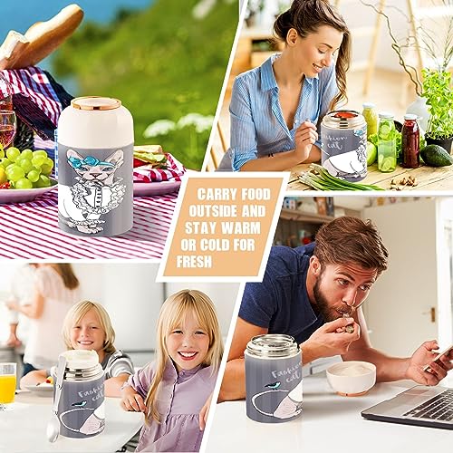CUPADA Fashion Sphynx Cat Food Jar, Funny Kitty Insulated Hot Food Jars Vacuum 17OZ with Folding Spoon for Work Trip Picnic Camping