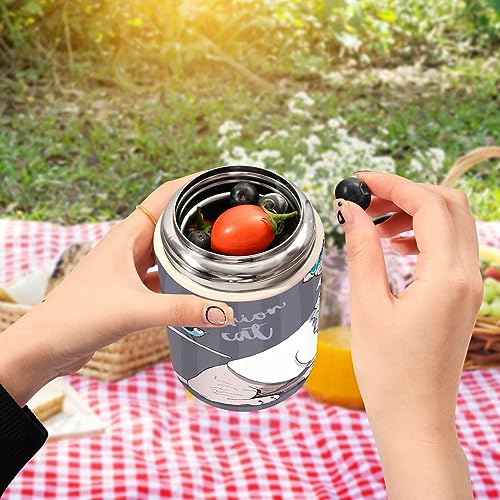 CUPADA Fashion Sphynx Cat Food Jar, Funny Kitty Insulated Hot Food Jars Vacuum 17OZ with Folding Spoon for Work Trip Picnic Camping