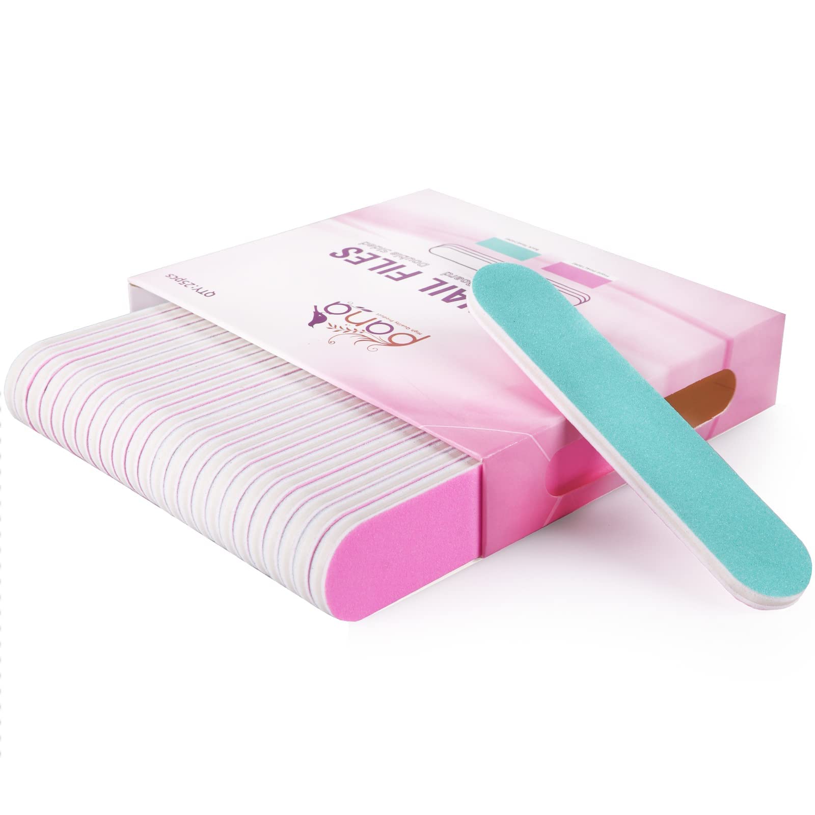25PCS Mini Size PANA Professional Double Sided Nail Files - Pink&Teal, 180/180 Grit - Emery Board Nail Buffering File Manicure Pedicure Nail Polisher Washable