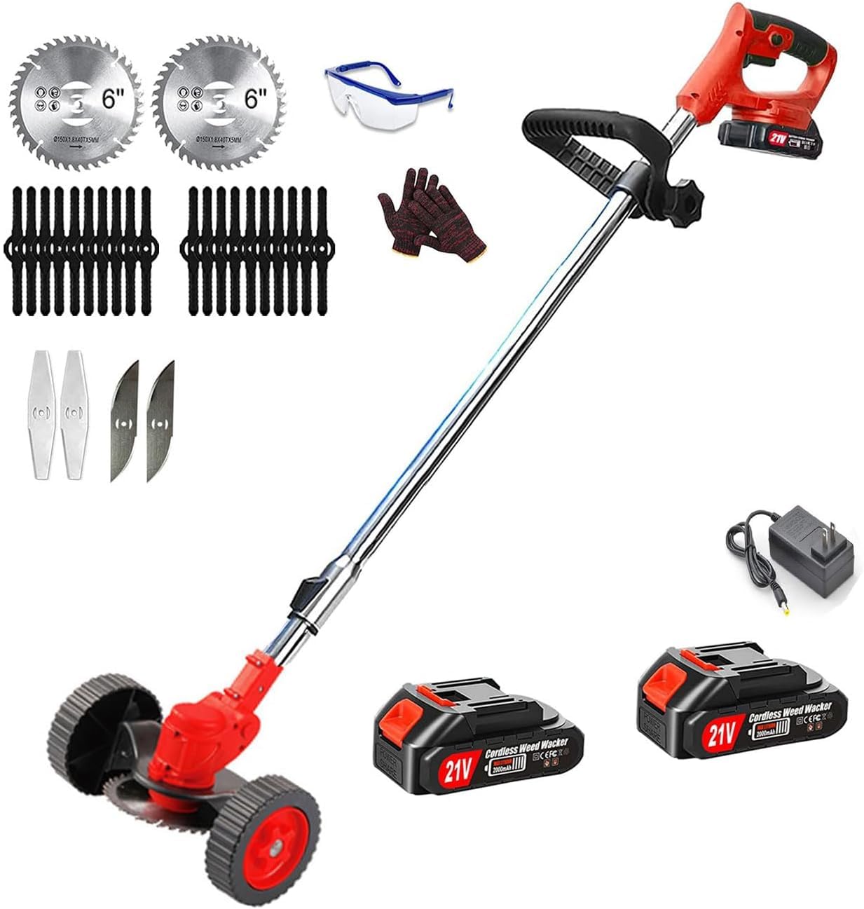 Weed Wacker Cordless Electric Battery Powered Weed Eater, 21V Lightweight Grass Trimmer Edger Lawn Tool with 2Pcs 2000mAh Battery, Push Wheeled Weed Brush Cutter No String Trimmer for Yard and Garden
