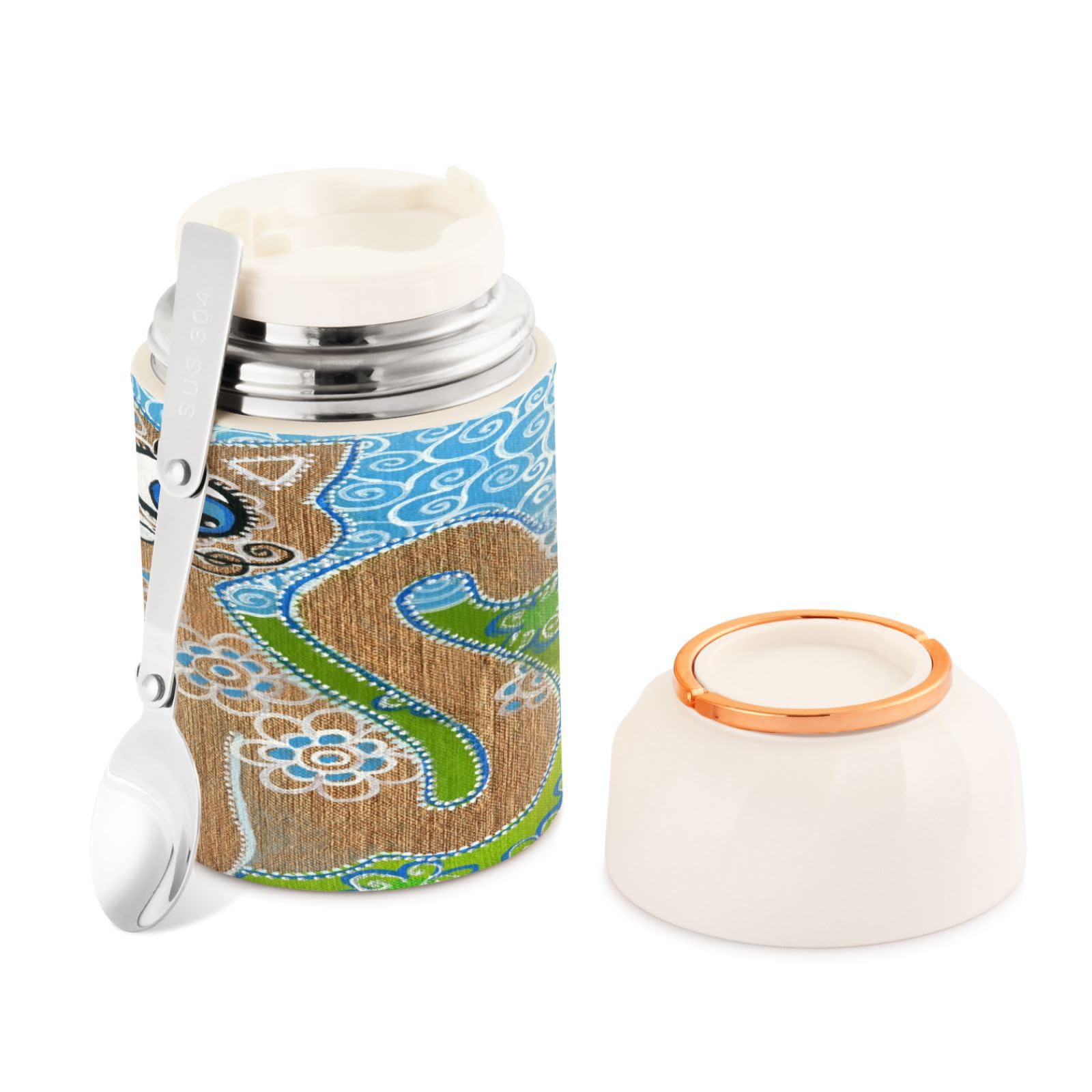 CUPADA Funny Cat Vintage Food Jar, Sky Flower Cute Insulated Hot Food Jars Vacuum 17OZ with Folding Spoon for Work Trip Picnic Camping