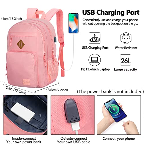 KEOFID Classic Travel backpack for Men and Women, Anti Theft Laptop Backpack with USB Charging Port for Work, Large Bag for College, Water Resistent(Bright Pink)
