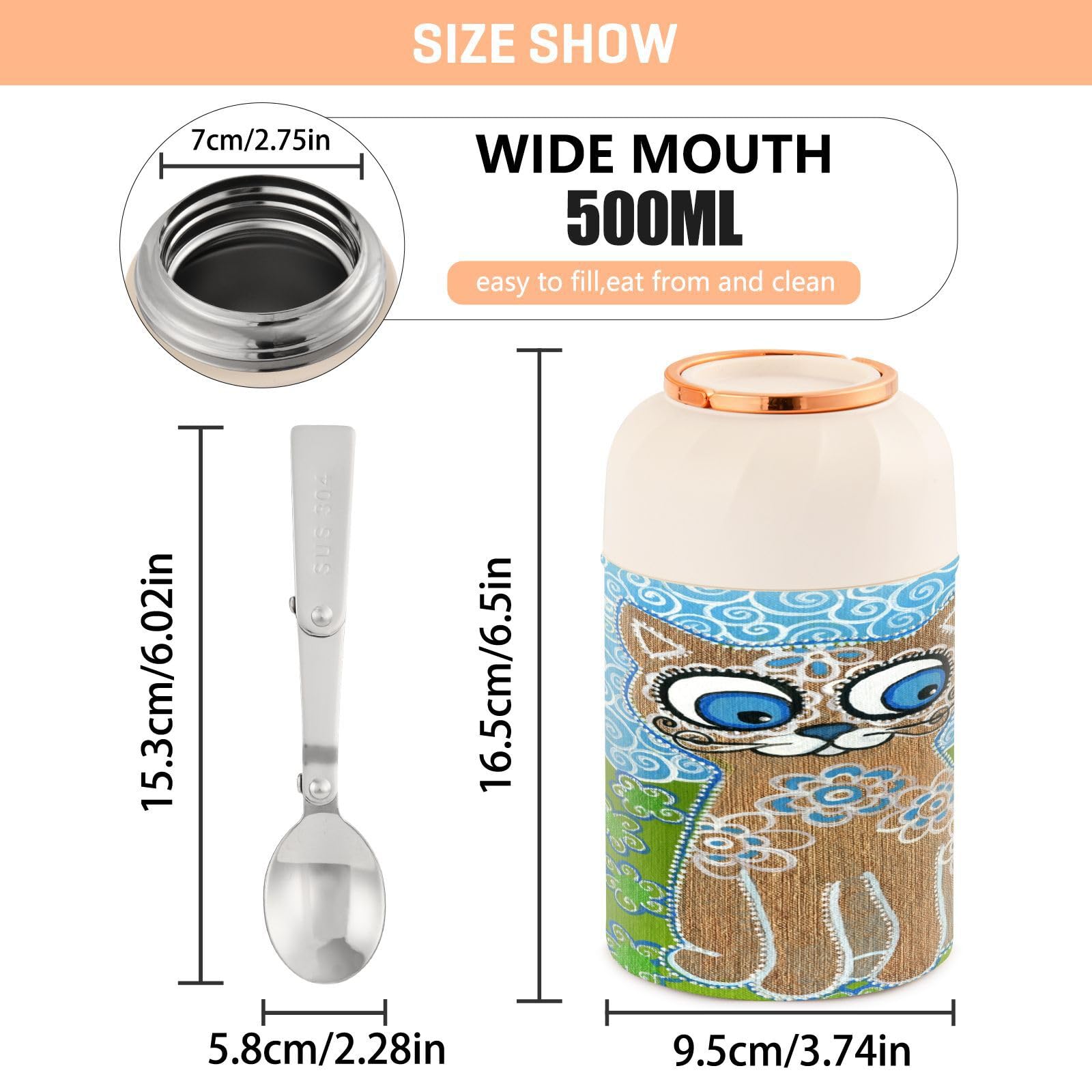 CUPADA Funny Cat Vintage Food Jar, Sky Flower Cute Insulated Hot Food Jars Vacuum 17OZ with Folding Spoon for Work Trip Picnic Camping