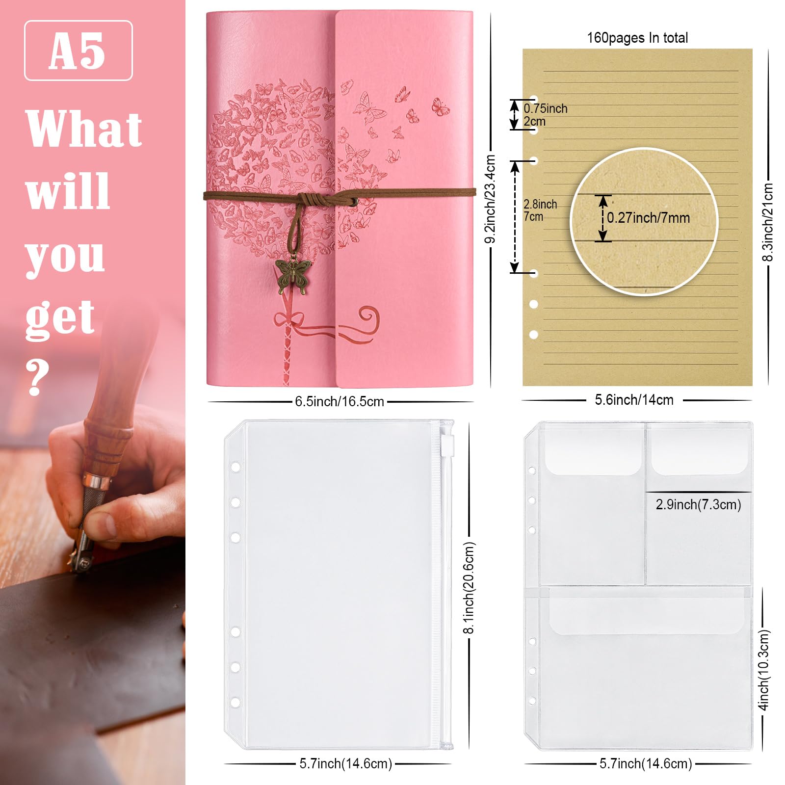 OMEYA Leather Journal Notebook, Refillable Writing Journal Diary Planner for Women Girls (Pink, A5-9.3''×6.3'')