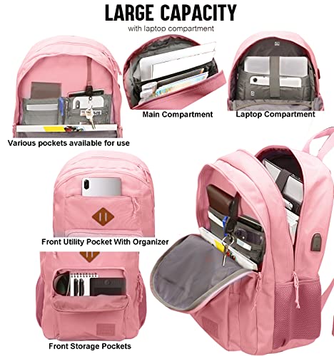 KEOFID Classic Travel backpack for Men and Women, Anti Theft Laptop Backpack with USB Charging Port for Work, Large Bag for College, Water Resistent(Bright Pink)