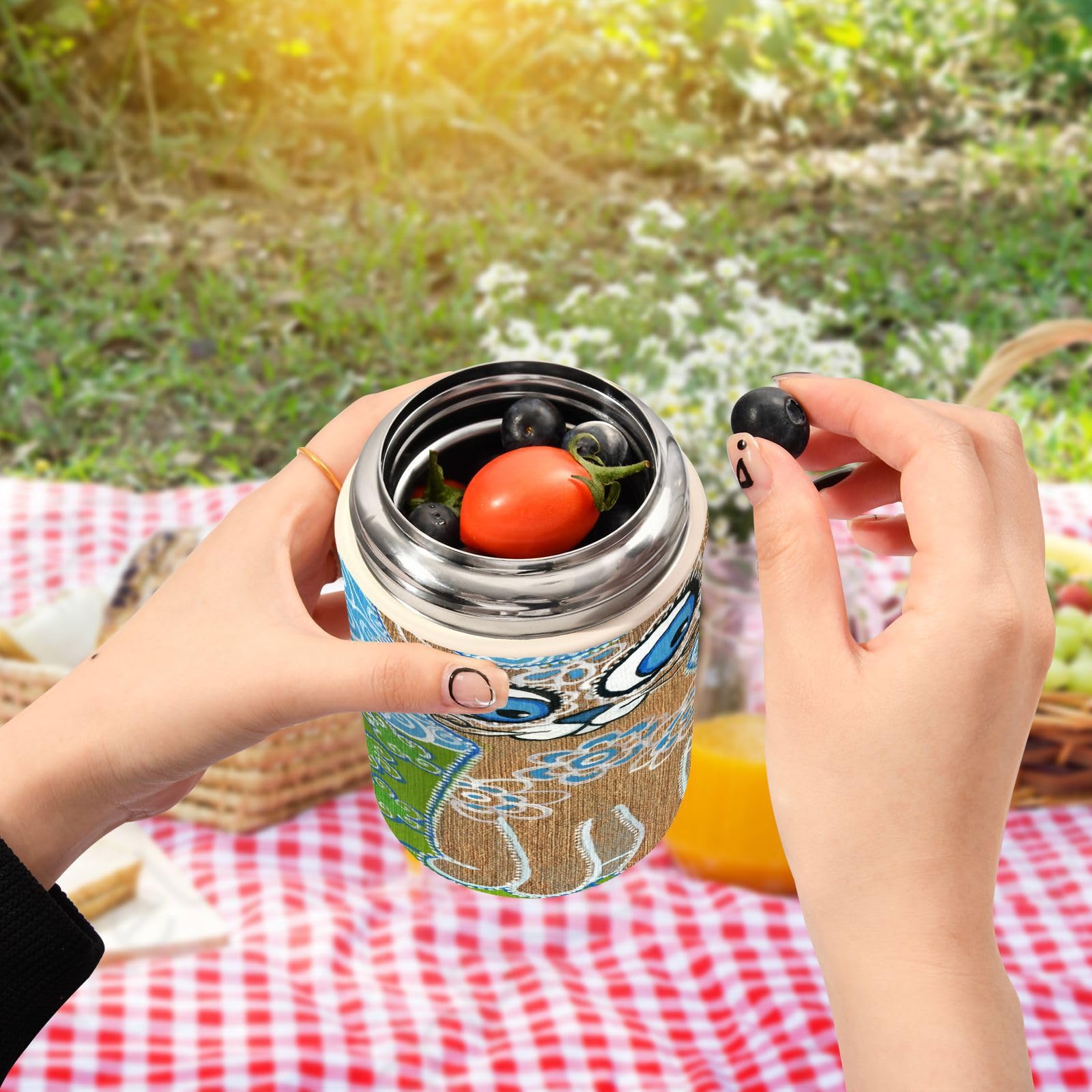 CUPADA Funny Cat Vintage Food Jar, Sky Flower Cute Insulated Hot Food Jars Vacuum 17OZ with Folding Spoon for Work Trip Picnic Camping