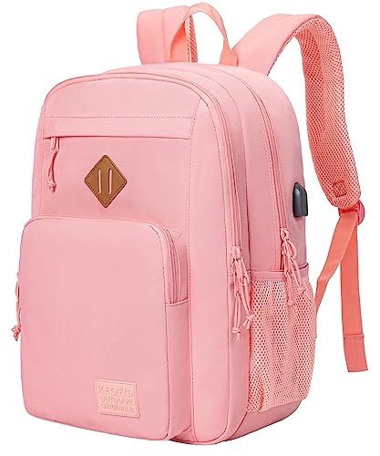 KEOFID Classic Travel backpack for Men and Women, Anti Theft Laptop Backpack with USB Charging Port for Work, Large Bag for College, Water Resistent(Bright Pink)