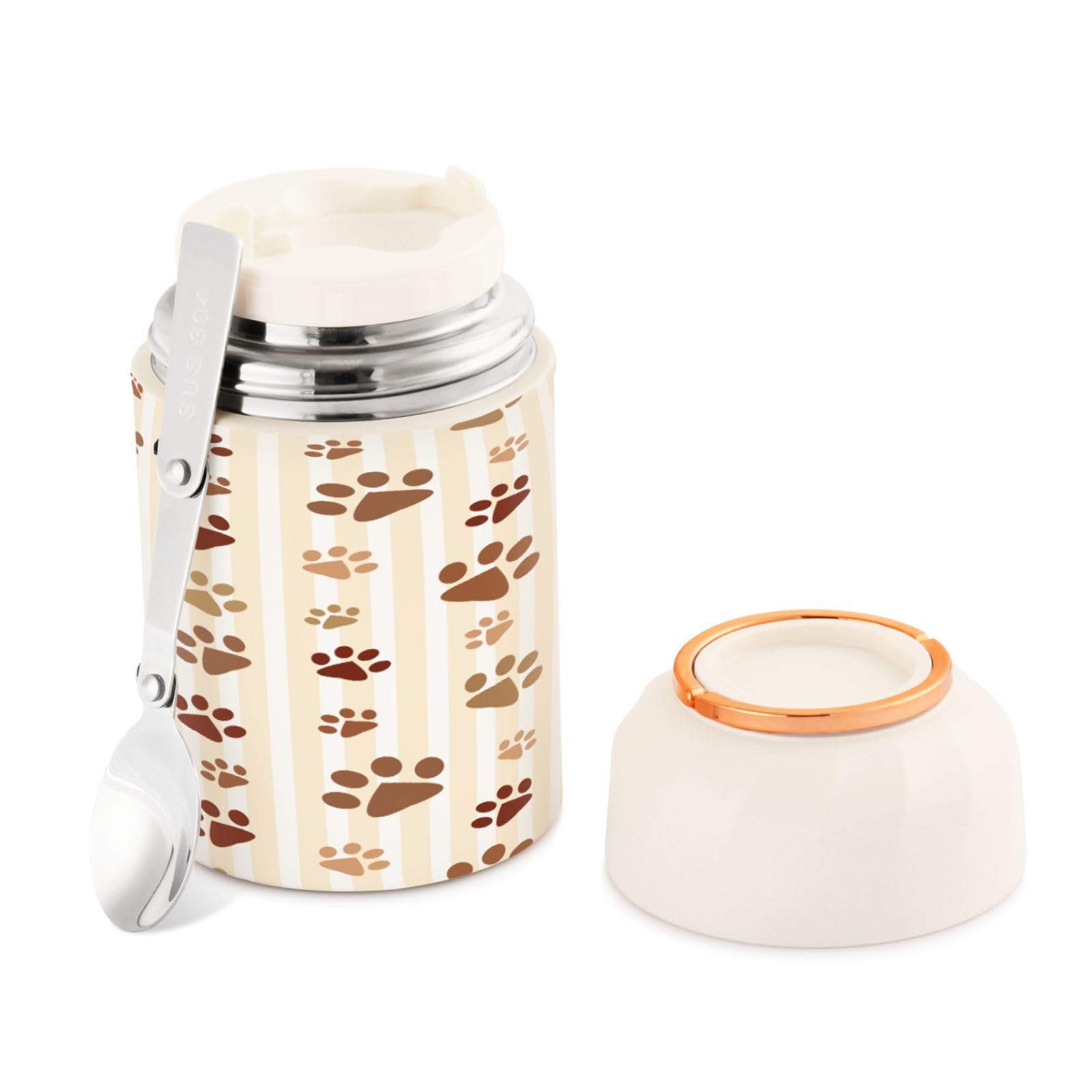 CUPADA Brown Golden Dog Paw Food Jar for Hot and Cold, Puppy Stripes Insulated Food Jars Vacuum 17OZ with Folding Spoon for Work Trip Picnic Camping
