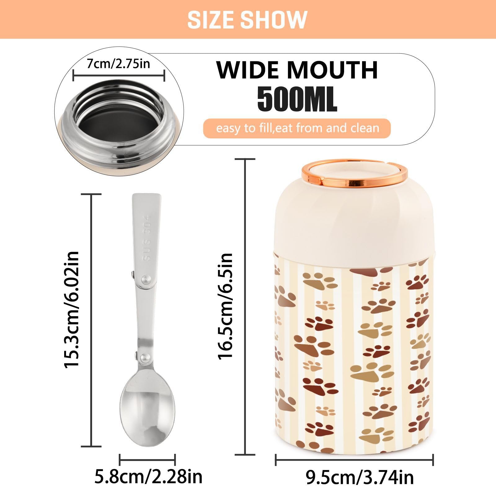 CUPADA Brown Golden Dog Paw Food Jar for Hot and Cold, Puppy Stripes Insulated Food Jars Vacuum 17OZ with Folding Spoon for Work Trip Picnic Camping