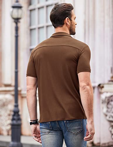 COOFANDY Men Camp Collar Shirts Short Sleeve Button Up Shirts Knit Textured Shirts Slim Polo Shirts Brown