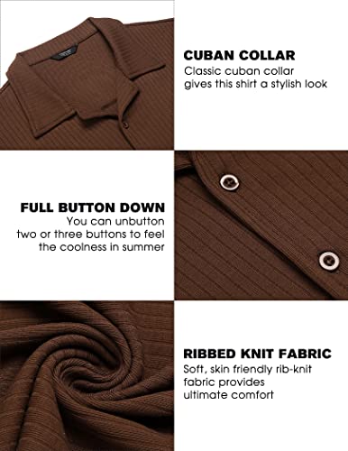 COOFANDY Men Camp Collar Shirts Short Sleeve Button Up Shirts Knit Textured Shirts Slim Polo Shirts Brown