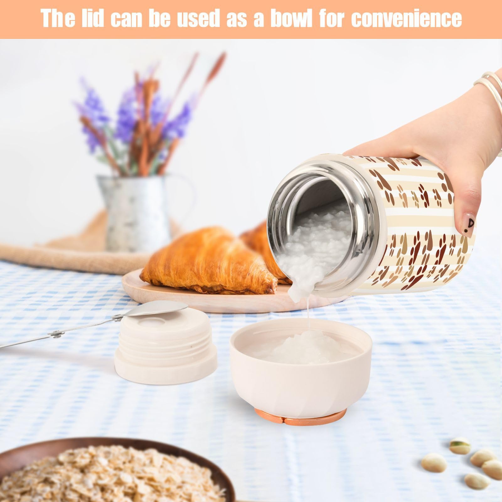 CUPADA Brown Golden Dog Paw Food Jar for Hot and Cold, Puppy Stripes Insulated Food Jars Vacuum 17OZ with Folding Spoon for Work Trip Picnic Camping