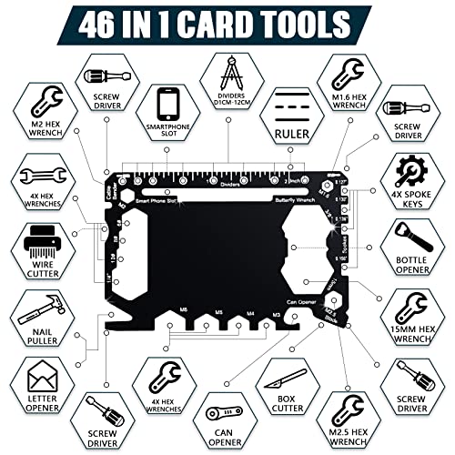 6 Pcs Credit Card Wallet Size Multitool 46 in 1 Multi Purpose Survival Pocket Tool Multipurpose Tool Card for Christmas Men Gift, 3.15 x 2.05 Inch (Black)