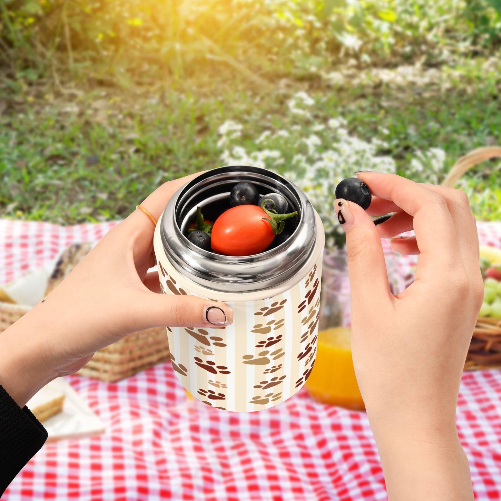 CUPADA Brown Golden Dog Paw Food Jar for Hot and Cold, Puppy Stripes Insulated Food Jars Vacuum 17OZ with Folding Spoon for Work Trip Picnic Camping