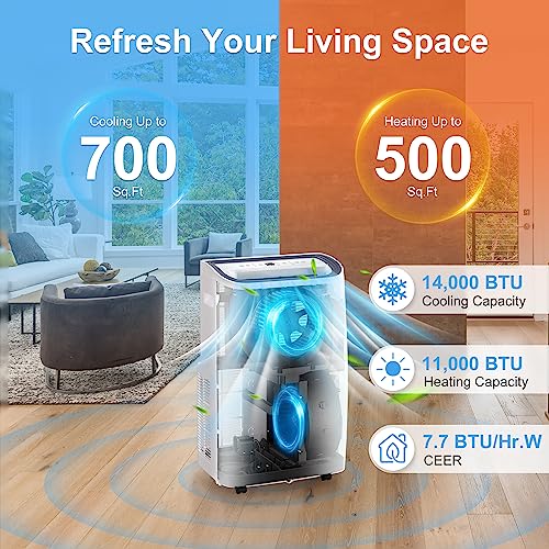 Wiytamo Portable Air Conditioners for Rooms Up to 700 Sq.Ft, 4-in-1 Portable AC Unit, Heater, Dehumidifier & Fan Mode, Remote Control, LED Display, Auto Swing, 14,000 BTU, White