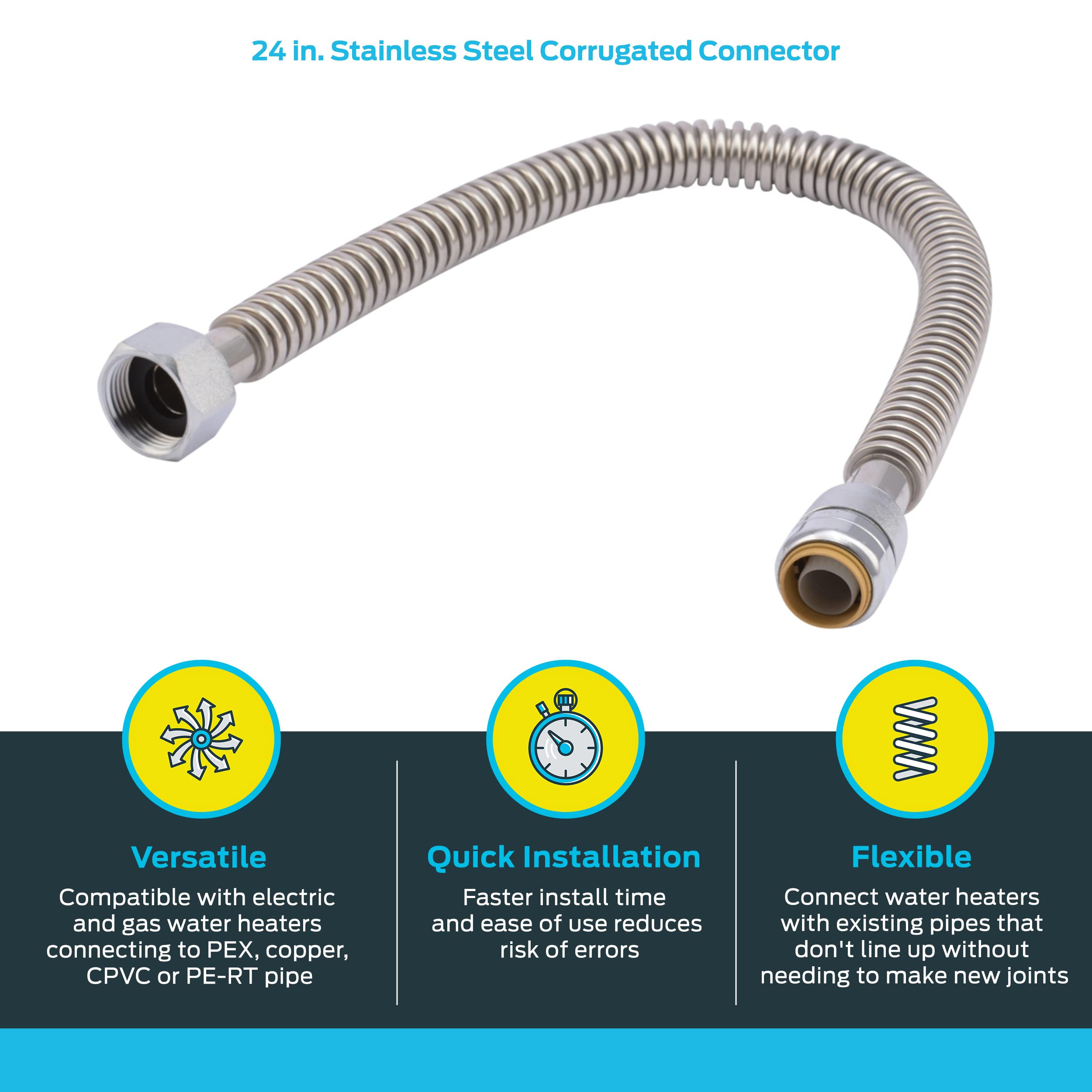 SharkBite 3/4 Inch x 1 Inch FIP x 24 Inch Stainless Steel Corrugated Flexible Water Softener Connector, Push to Connect Brass Plumbing Fitting, PEX Pipe, Copper, CPVC, PE-RT, SS3086FLEX24LF