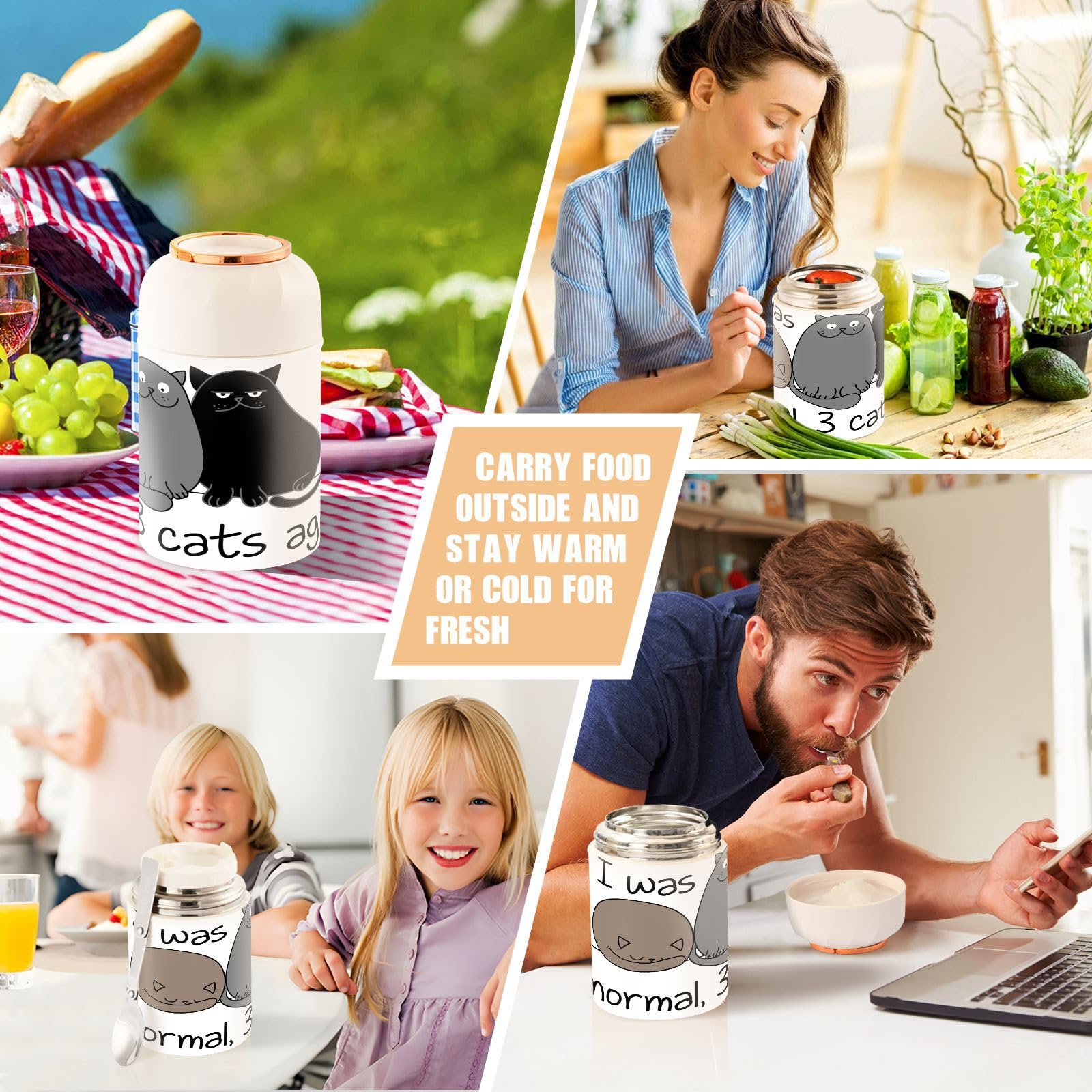 CUPADA Cute Different Cats Food Jar, Funny Quote Insulated Hot Food Jars Vacuum 17OZ with Folding Spoon for Work Trip Picnic Camping