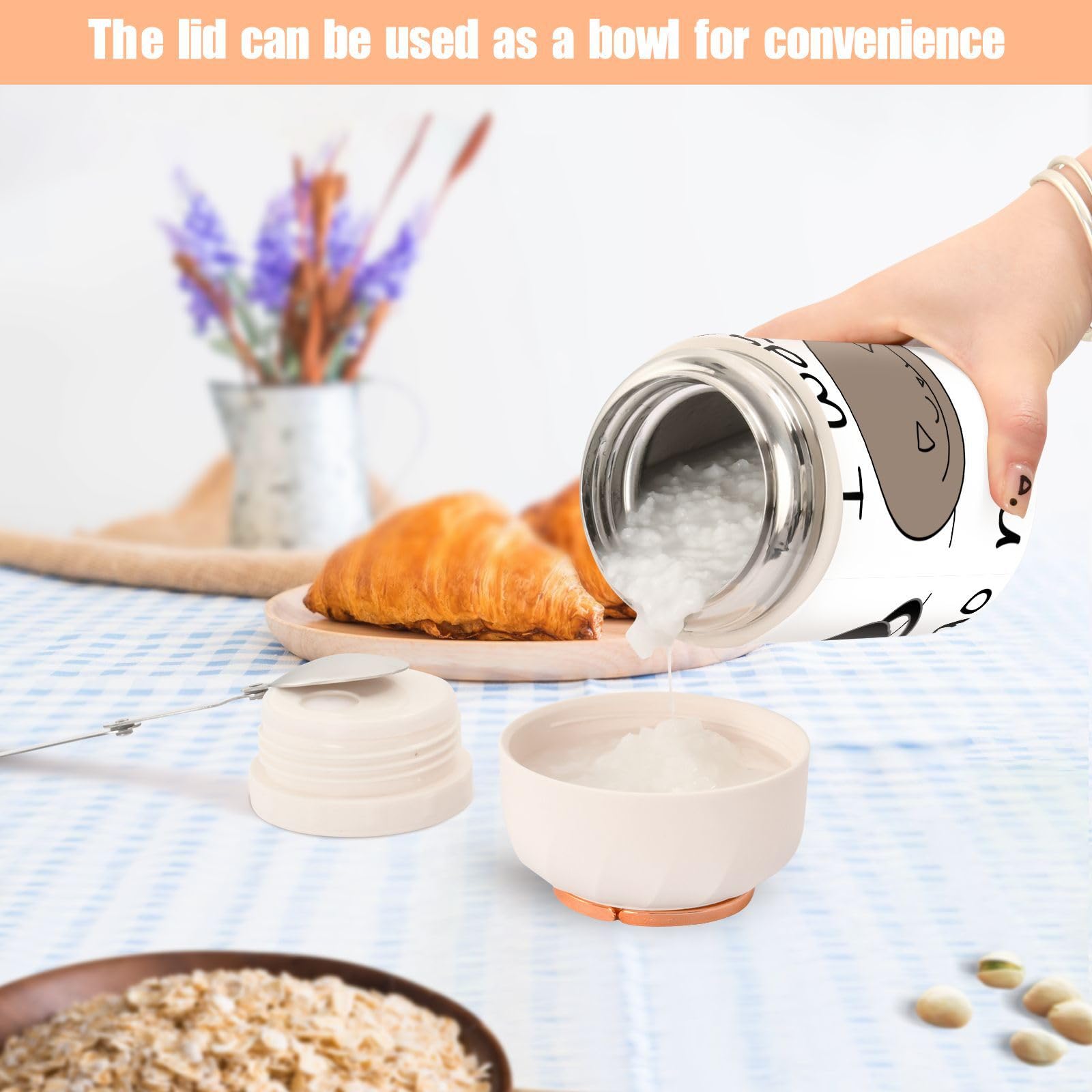 CUPADA Cute Different Cats Food Jar, Funny Quote Insulated Hot Food Jars Vacuum 17OZ with Folding Spoon for Work Trip Picnic Camping