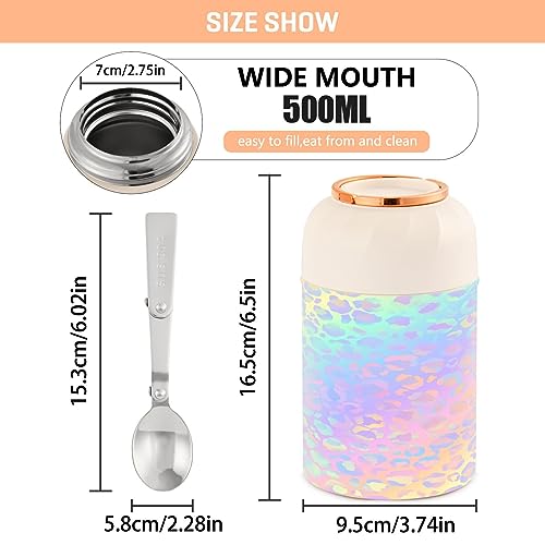 CUPADA Leopard Print Animals Food Jar for Hot and Cold, Bling Colorful Insulated Food Jars Vacuum 17OZ with Folding Spoon for Work Trip Picnic Camping