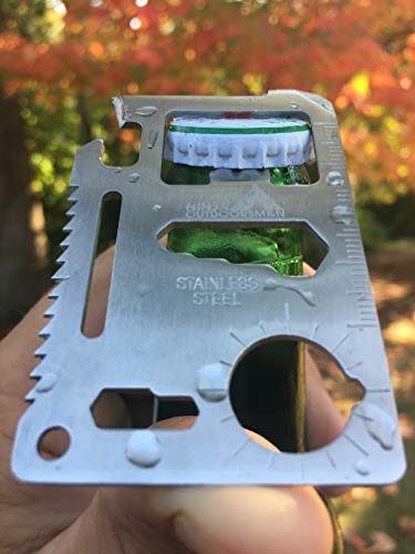 Ninja Outdoorsman 11 in 1 Stainless Steel Credit Card Pocket Sized Survival Multi Functional Tool - Stocking Stuffers, Christmas Gifts Under 10 Dollars (Single, Silver)