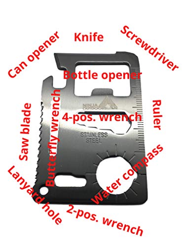 Ninja Outdoorsman 11 in 1 Stainless Steel Credit Card Pocket Sized Survival Multi Functional Tool - Stocking Stuffers, Christmas Gifts Under 10 Dollars (Single, Silver)
