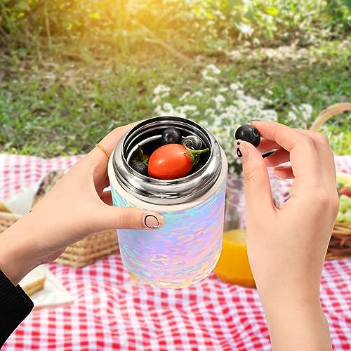CUPADA Leopard Print Animals Food Jar for Hot and Cold, Bling Colorful Insulated Food Jars Vacuum 17OZ with Folding Spoon for Work Trip Picnic Camping