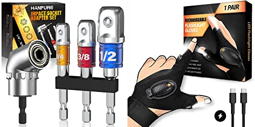 HANPURE Right Angle Drill Attachment Set+Rechargeable LED Flashlight Gloves