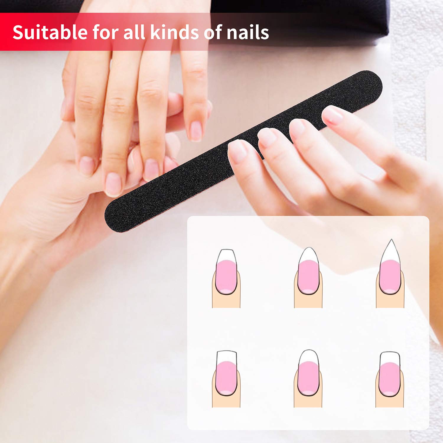 Nail File Emery Board Nail care Double Sided 100 180 Grit Gel Acrylic Dip Black Nail Buffering Files Professional Manicure Pedicure Tools 10Pcs/Pack Nail Files Set for Home and Salon Use