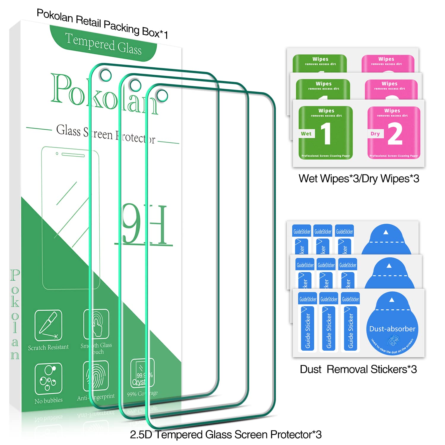 Pokolan [3 Pack Screen Protector For OnePlus Nord N10 5G Tempered Glass, HD Clear, 9H Hardness, Anti-Scratch, Bubble-Free, Easy to Install, Case Friendly