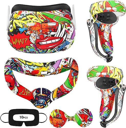Relohas VR Accessories for Oculus Quest 2, Silicone Set for Meta Quest 2, Include Controller Grip Leather Cover, VR Shell Cover, Face Cover, Lens Cover and 10PCS Disposable Eye Cover(Street Graffiti)