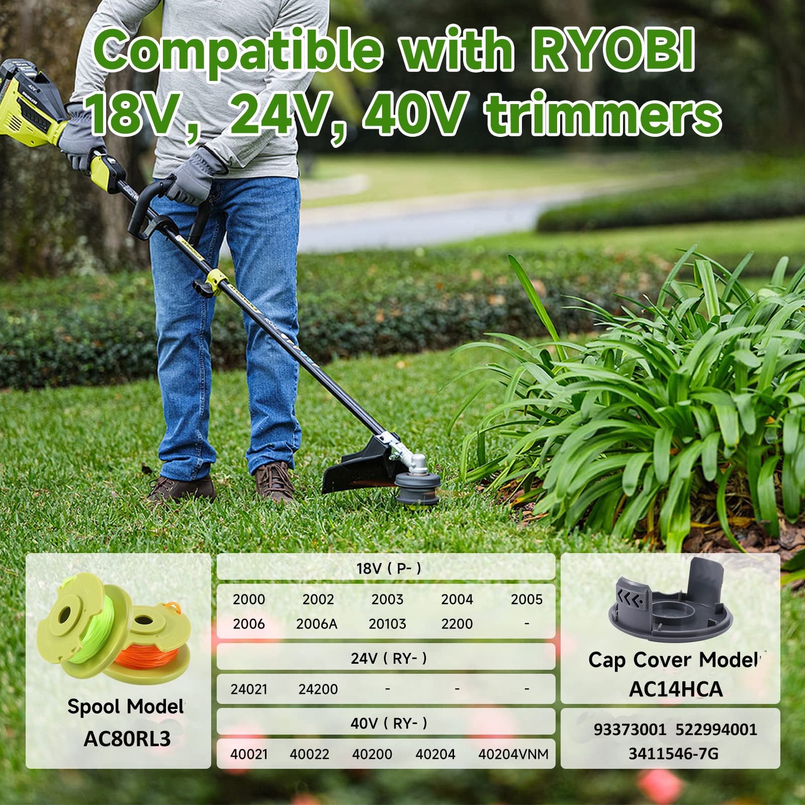 A ANLEOLIFE .080in Twisted Line Spool #AC80RL3 for RYOBI Cordless Auto-Feed String Trimmers 18v 24v and 40,11ft-Long (12 Spools & 2 Cap)