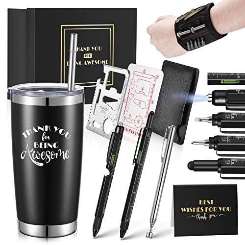 Yinkin 9 Pcs Father's Day Gifts for Dad Included 20 oz Tumbler with Straw 9 in 1 Multitool Pen 11 in 1 Survival Card Tool Magnetic Wristband Magnetic Grabber Gift Box for Men