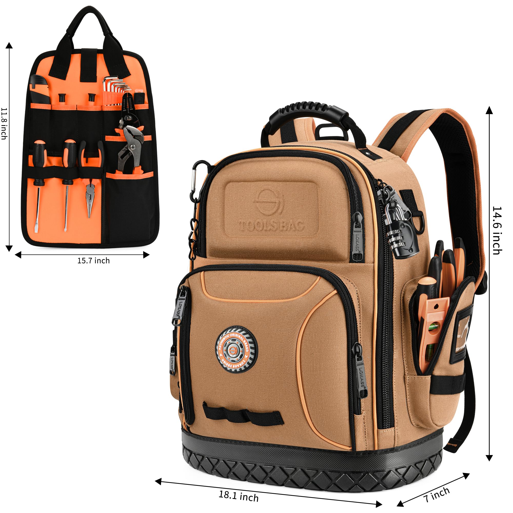 Tool Bag Backpack, 75 Pockets & Loops Canvas Heavy Duty Tools Organizer Bags/HVAC Tool Carrier for Electrician/Construction Work with Molded Base and Combination Lock - Brown