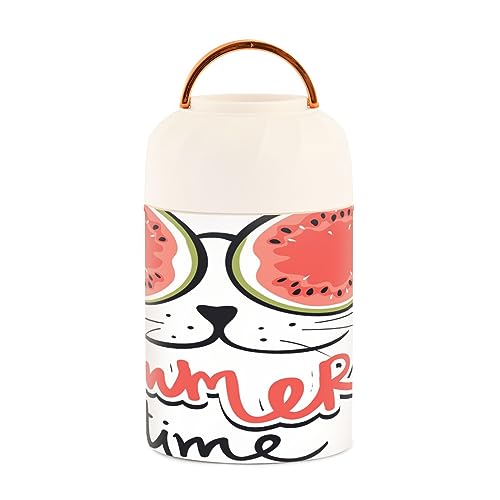 CUPADA Cat Watermelon Food Jar, Funny Summer Time Insulated Hot Food Jars Vacuum 17OZ with Folding Spoon for Work Trip Picnic Camping