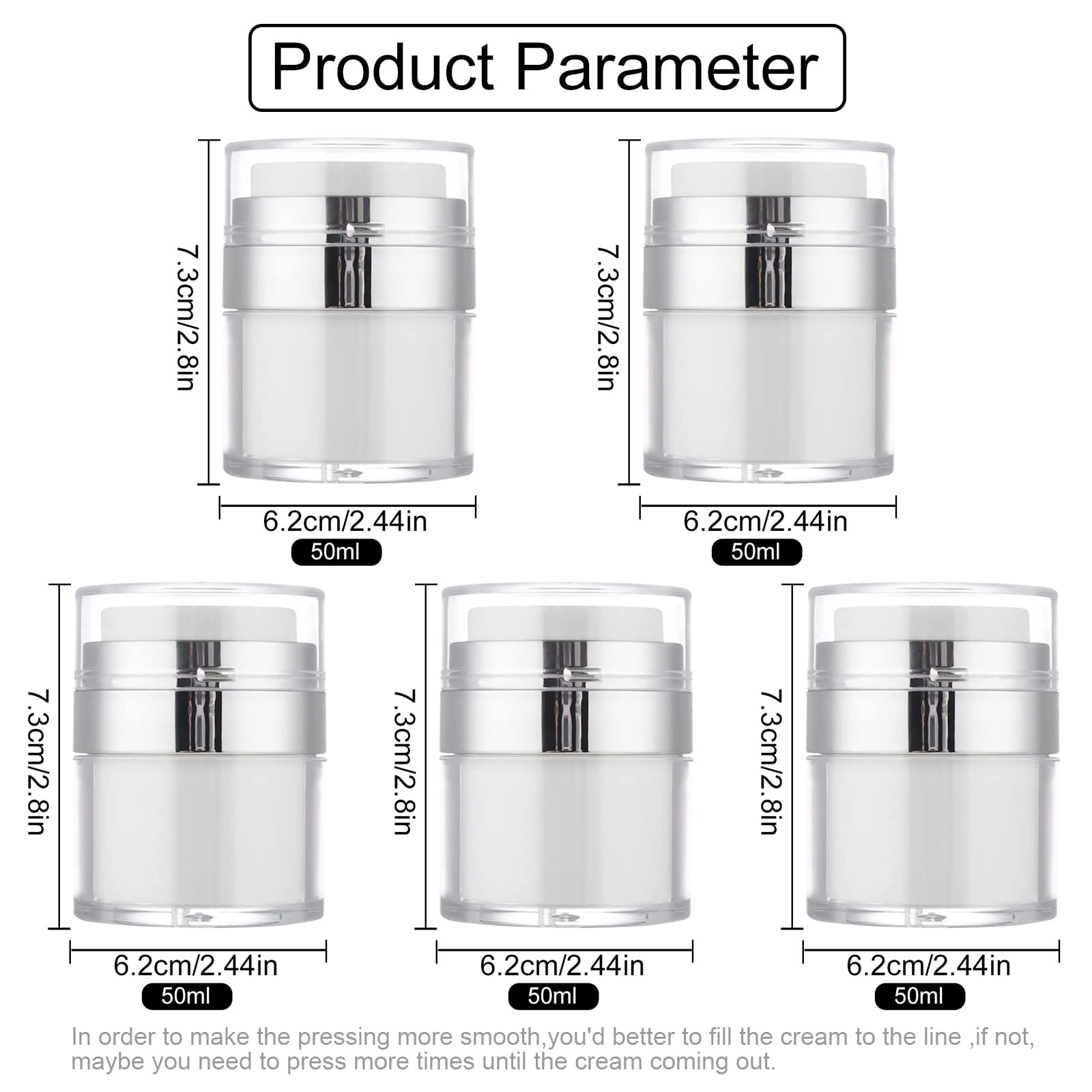 Airless Pump Jar, 5PCS Cream Jar Vacuum Bottle Refillable Travel Containers for Toiletries, Airless Pump Bottles for Lotions And Creams(1.7Oz/50ml)