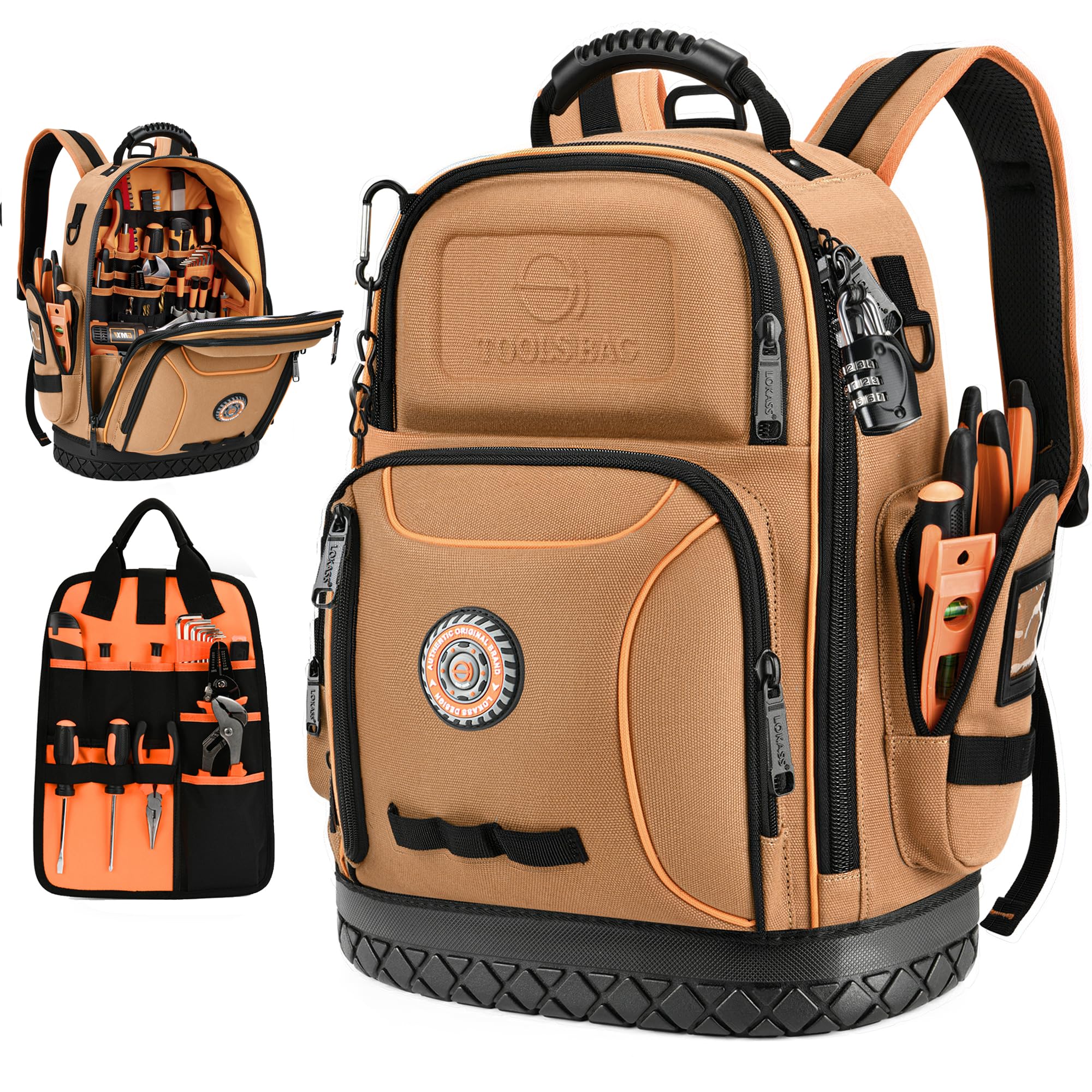Tool Bag Backpack, 75 Pockets & Loops Canvas Heavy Duty Tools Organizer Bags/HVAC Tool Carrier for Electrician/Construction Work with Molded Base and Combination Lock - Brown