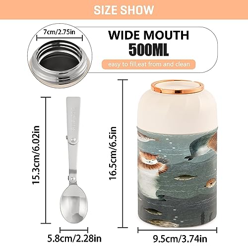CUPADA Watercolor Cat Seamaid Food Jar, Sea Waves Fishes Insulated Hot Food Jars Vacuum 17OZ with Folding Spoon for Work Trip Picnic Camping