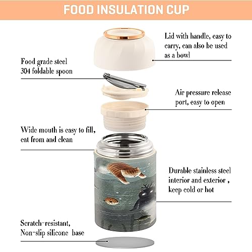 CUPADA Watercolor Cat Seamaid Food Jar, Sea Waves Fishes Insulated Hot Food Jars Vacuum 17OZ with Folding Spoon for Work Trip Picnic Camping