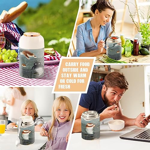 CUPADA Watercolor Cat Seamaid Food Jar, Sea Waves Fishes Insulated Hot Food Jars Vacuum 17OZ with Folding Spoon for Work Trip Picnic Camping