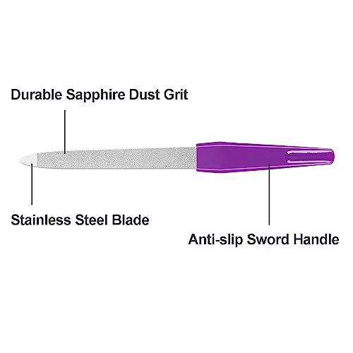 Nail Files for Natural Nails (6 PCs), Metal Nail Files Made of Stainless Steel with Sharp Pointed Tip Non Slip Handle, Double Sided Fingernail Files Sapphire Grit limas de uñas metálicas Color Purple