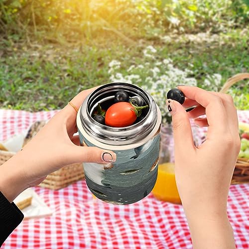 CUPADA Watercolor Cat Seamaid Food Jar, Sea Waves Fishes Insulated Hot Food Jars Vacuum 17OZ with Folding Spoon for Work Trip Picnic Camping