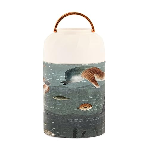 CUPADA Watercolor Cat Seamaid Food Jar, Sea Waves Fishes Insulated Hot Food Jars Vacuum 17OZ with Folding Spoon for Work Trip Picnic Camping