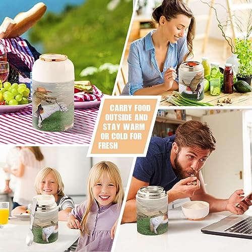 CUPADA Funny Cat Shepherd Food Jar, 3d White Horse Insulated Hot Food Jars Vacuum 17OZ with Folding Spoon for Work Trip Picnic Camping