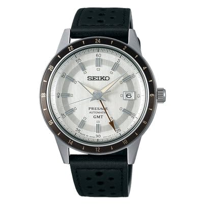 SEIKO Men's Grey Dial Black Leather Band Presage Automatic GMT Analog Watch