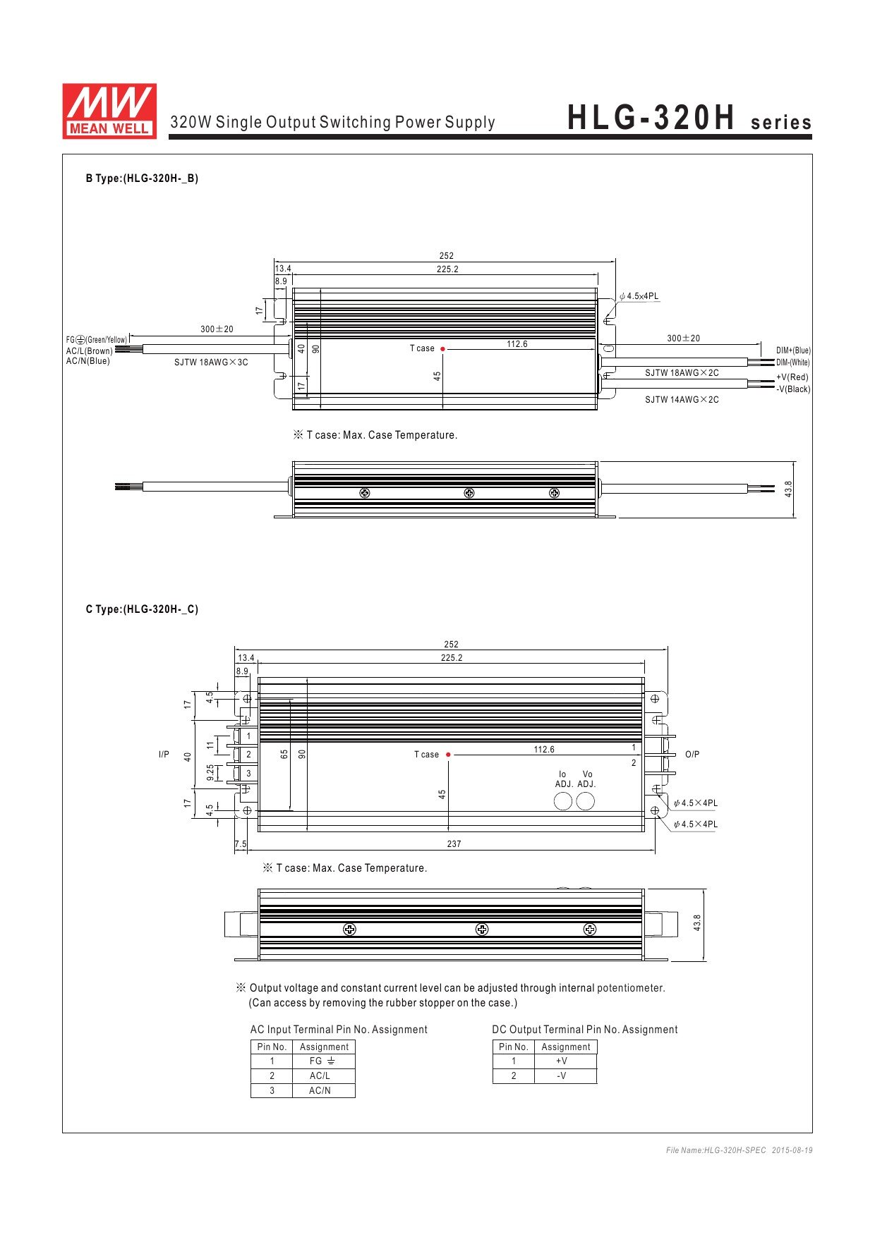 MEAN WELL HLG-320H-48B 320W 6.7A 48V Constant Voltage + Constant Current LED Driver